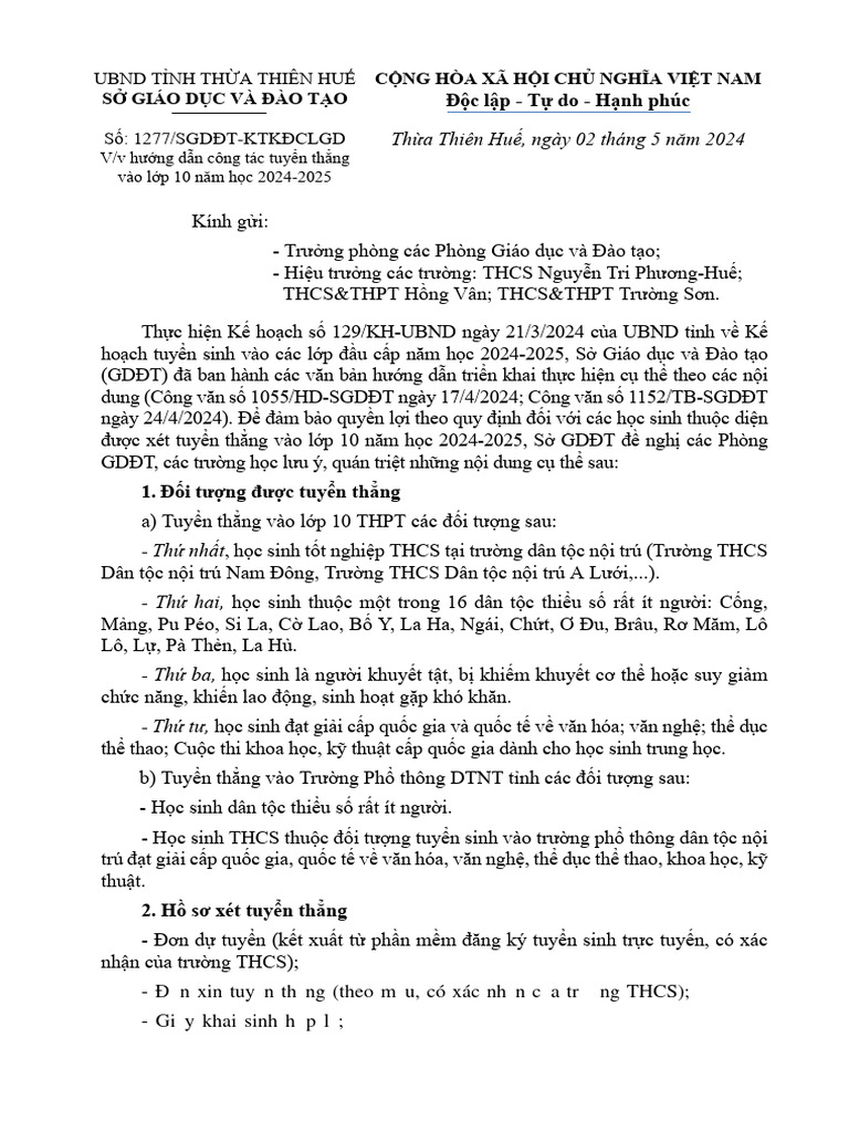 2024 CV1277 02 5 2024 - Huong Dan Tuyen Thang Lop 10 NH 2024 2025 | PDF