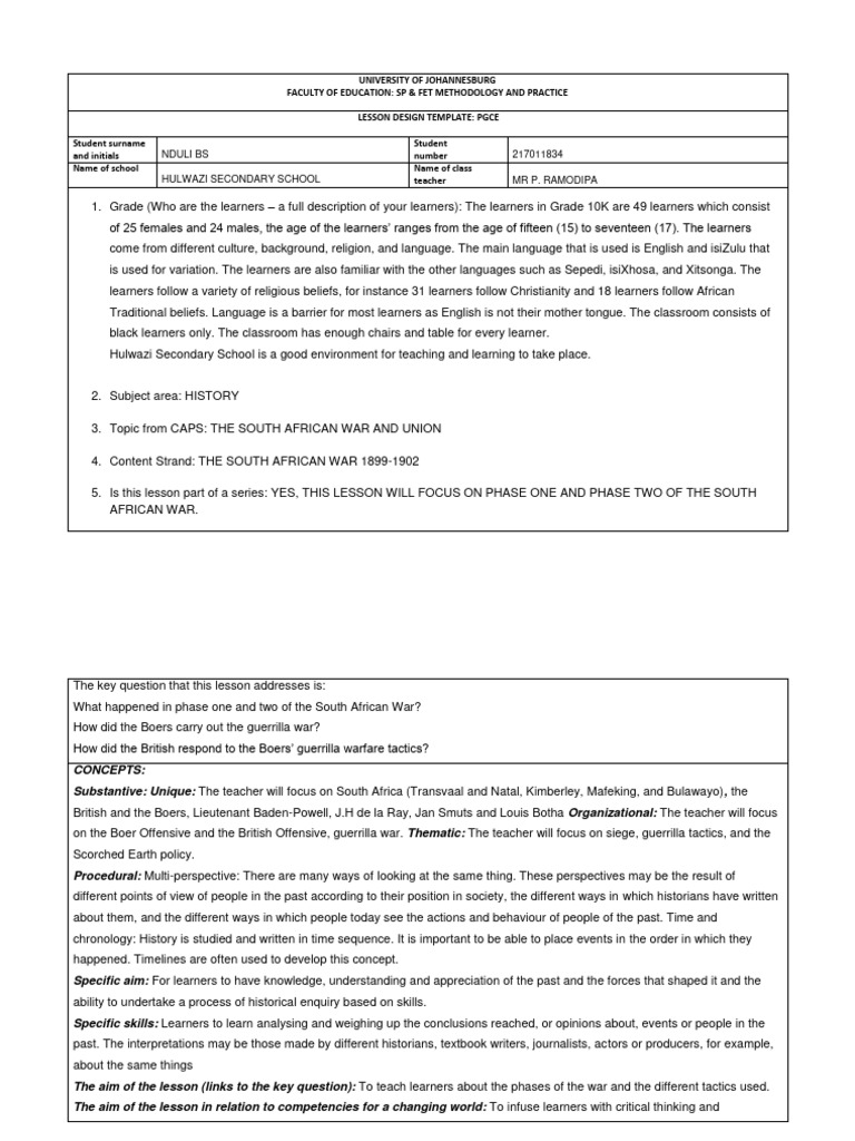 Wil 2 History Lesson Plan 12 | Download Free PDF | Second Boer War ...