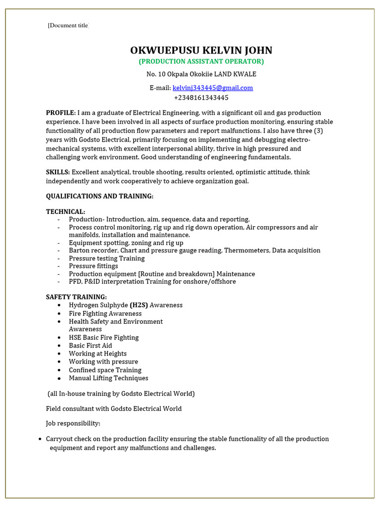 Okwuepusu Kelvin John CV | PDF | Engineering