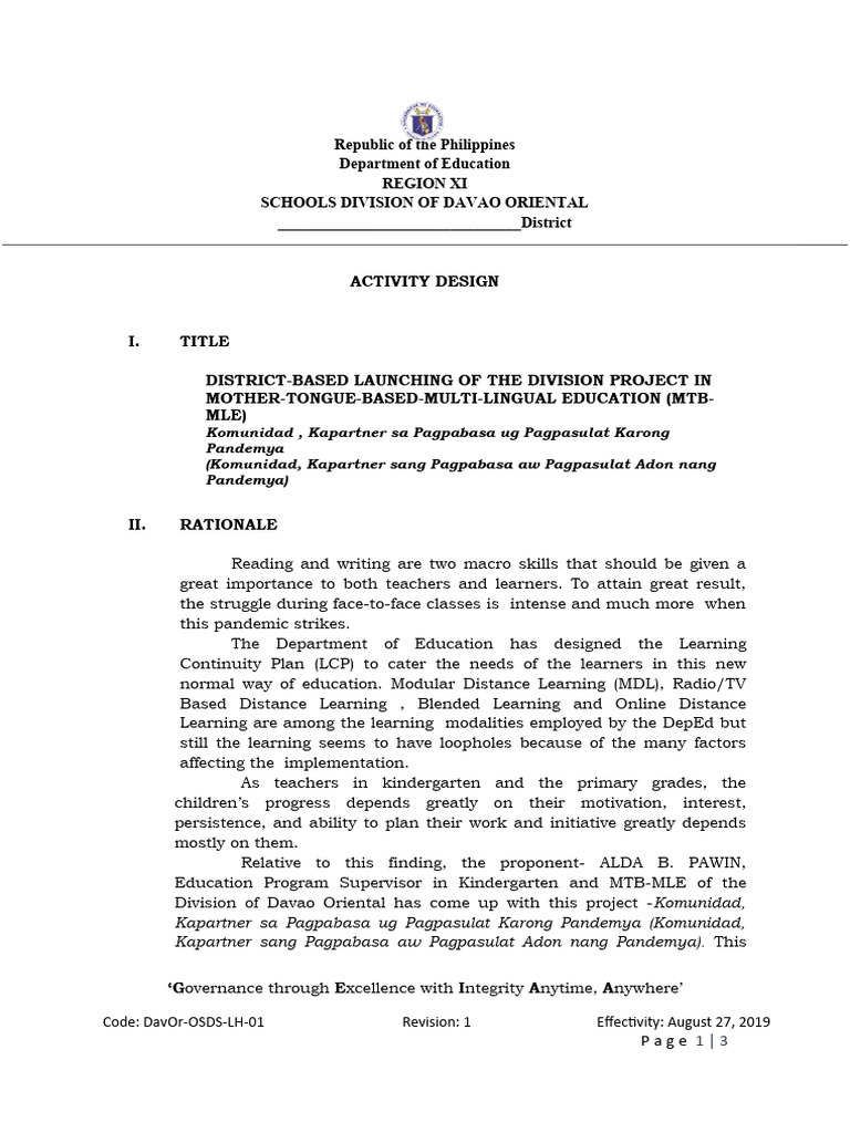 Activity Design MTB MLE Project | PDF | Learning | Cognitive Science