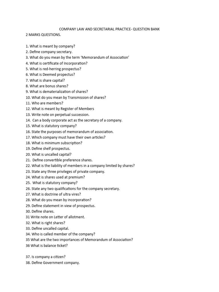 Company Law Question Bank (2 Marks) | PDF | Liquidation | Companies