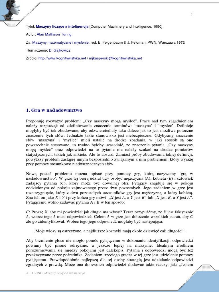 : Maszyny liczące a inteligencja [Computer Machinery and Intelligence ...