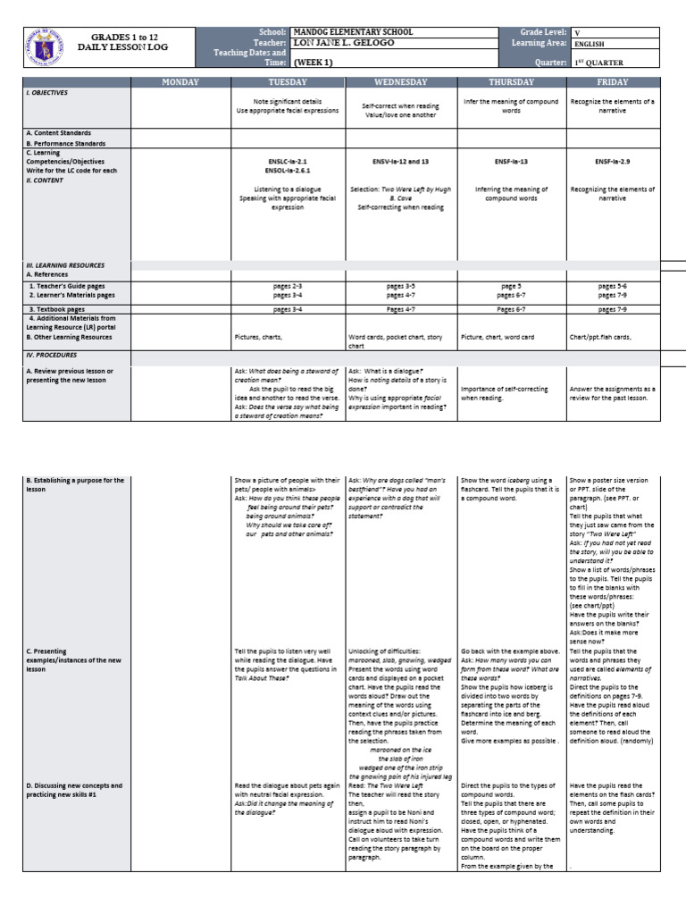 DLL - English 5 - Q1 - W1 PDF | PDF | Word | Learning DLL - English 5 - Q1 - W1 PDF | PDF | Word | Learning
