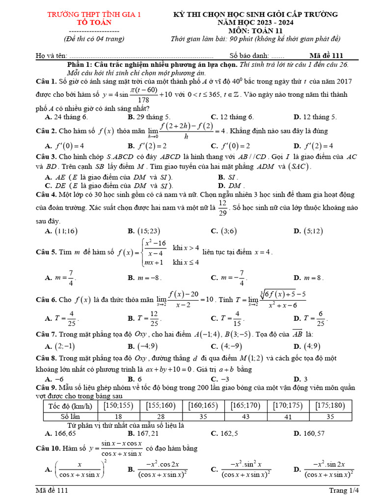 De Hoc Sinh Gioi Toan 11 Nam 2023 2024 Truong THPT Tinh Gia 1 Thanh Hoa | PDF