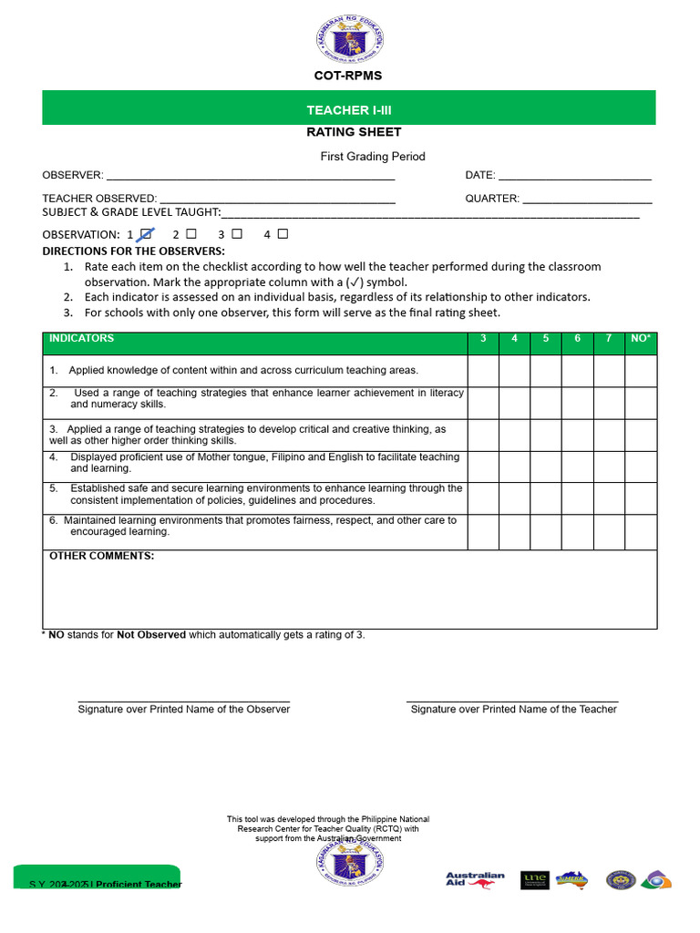Appendix C 04 COT RPMS Rating Sheet For T I III For SY 2024 2025 | PDF ...