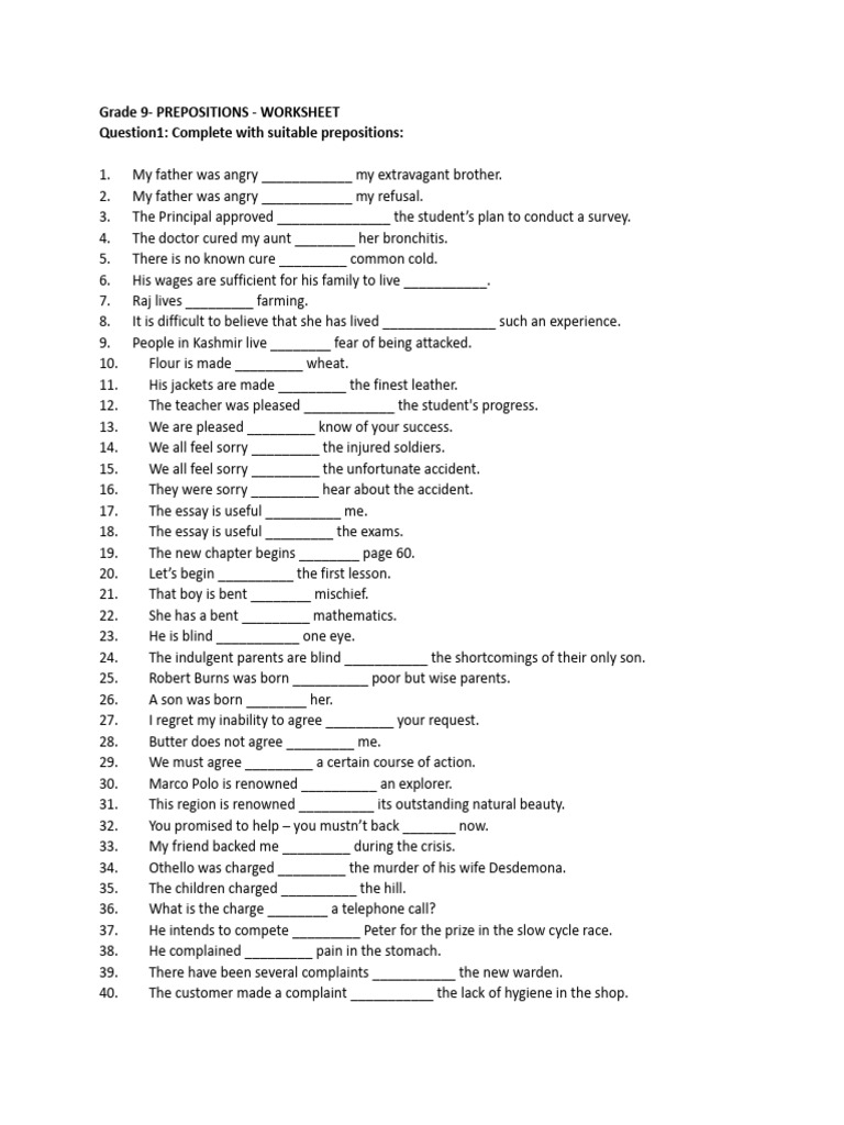 Grade 9 Prepositions Worksheet | PDF