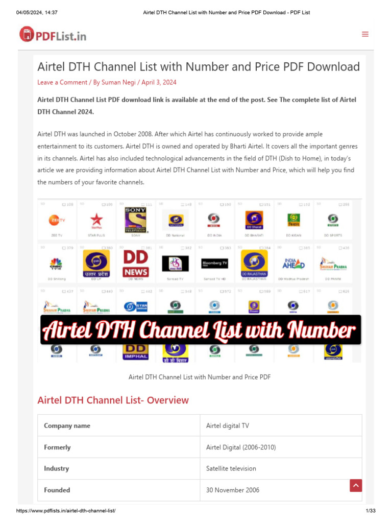 Airtel DTH Channel List With Number and Price PDF Download - PDF List | PDF | Satellite ...