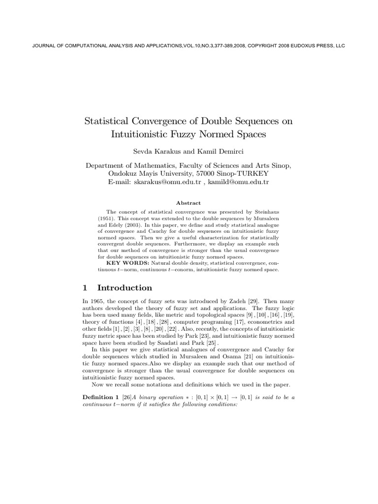 Statisical Convergence of Double Sequences On Intuitionistic Fuzzy Normed Spaces | PDF | Limit ...