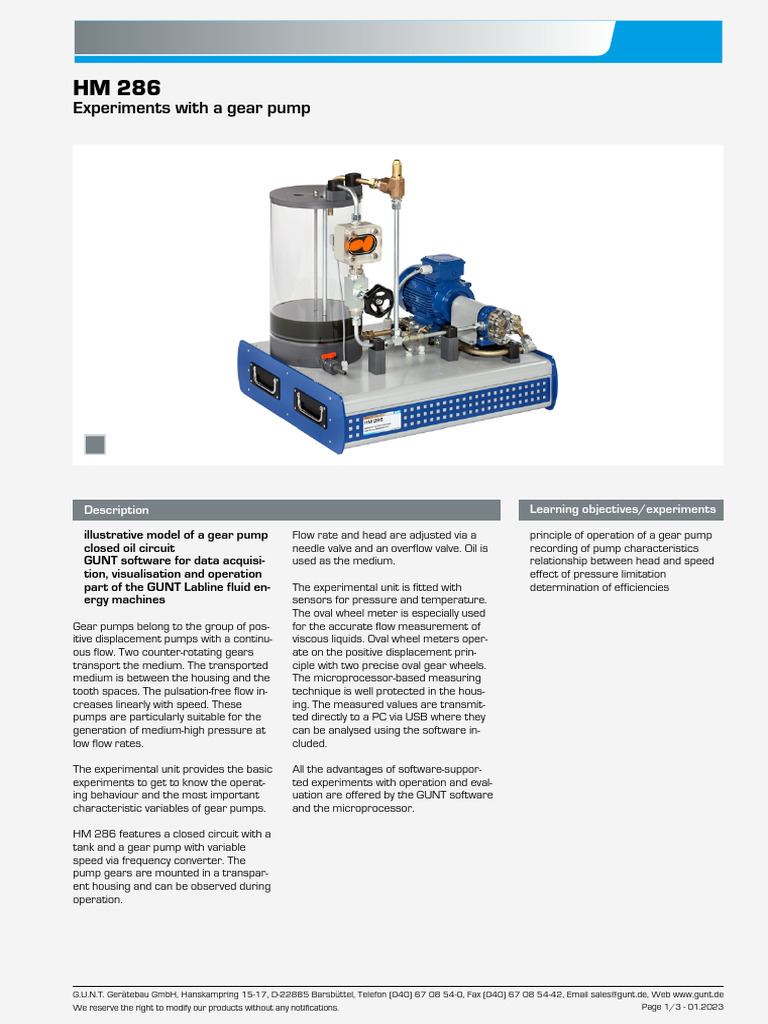 HM 286 Experiments With A Gear Pump Gunt 845 PDF - 1 - en GB | PDF ...