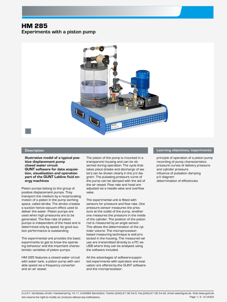 HM 285 Experiments With A Piston Pump Gunt 844 PDF - 1 - en GB | PDF ...
