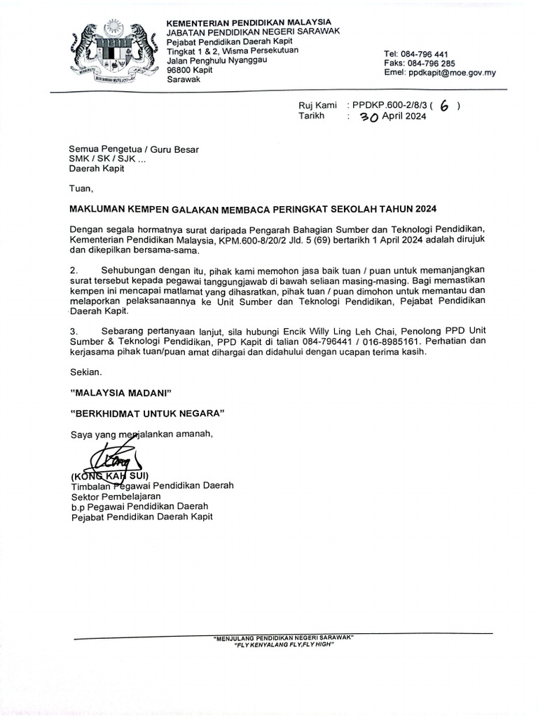 Makluman Kempen Galakan Membaca Peringkat Sekolah Tahun 2024 | PDF