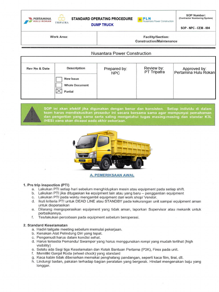 SOP Dump Truck | PDF | Teknologi & Rekayasa
