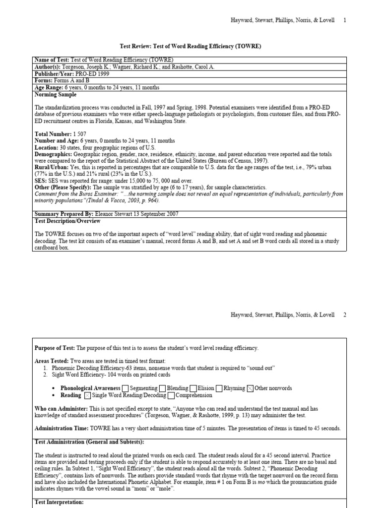 Test of Word Reading Efficiency (TOWRE) | Download Free PDF | Linguistics