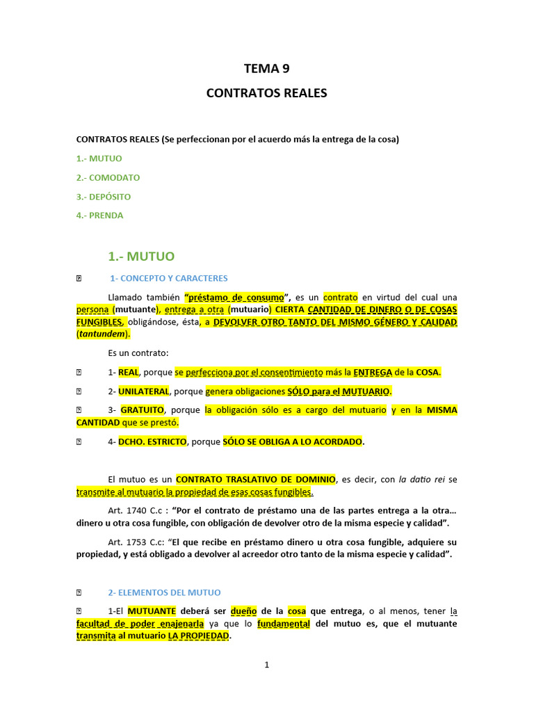 TEMA 9 CONTRATOS REALES | PDF | Derecho civil (sistema legal ...
