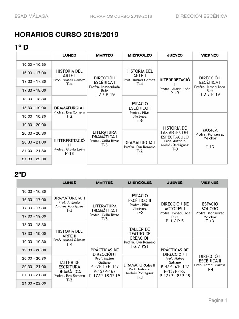 Horarios Dirección Escénica ESAD Málaga | PDF