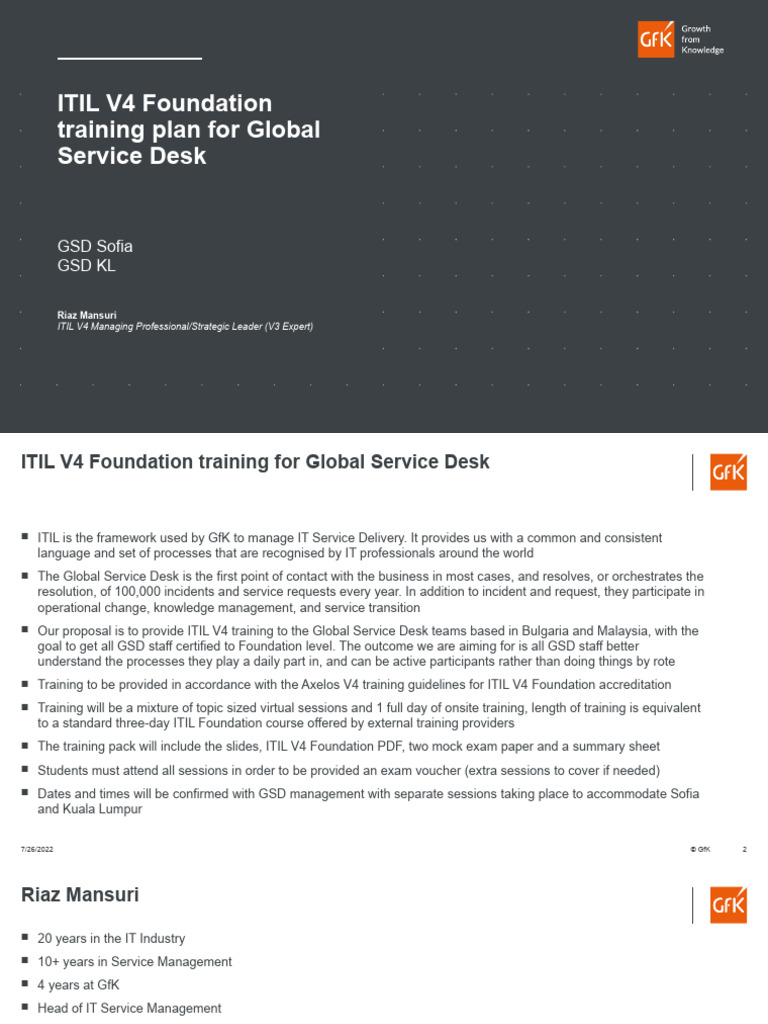 ITIL V4 Training Plan for GSD | PDF | It Service Management | Business