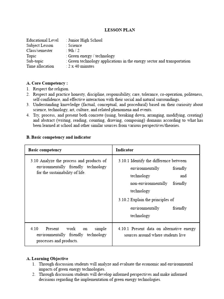 Green Energy Lesson Plan - Jihan Azhara - 2100579 | PDF | Renewable ...