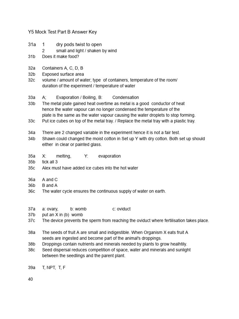 Y5 Mock Test Answer Key | PDF | Science & Mathematics