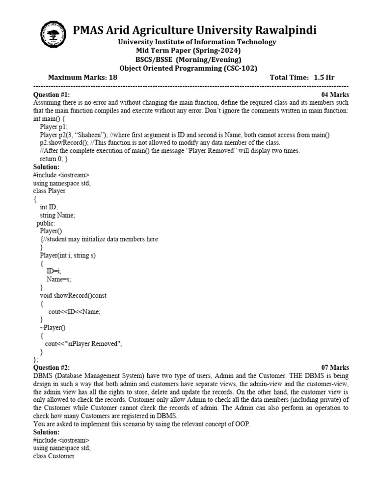 Oop Spring24 Midpaper Soln Pdf Namespace Computer Programming