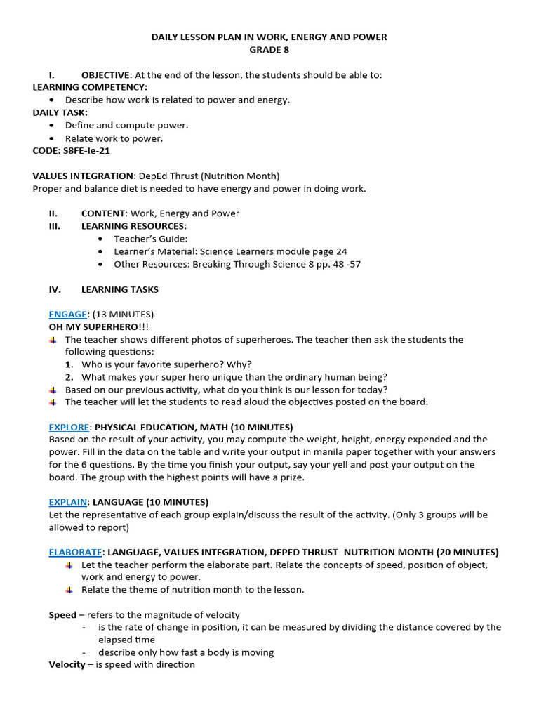 Grade 8: Work, Energy & Power Lesson | PDF | Force | Speed