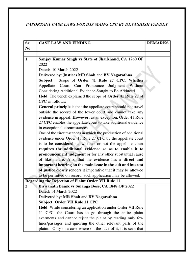 Important Case Laws For Djs Mains CPC by Devashish Pandey | PDF | Lawsuit | Judgment (Law)