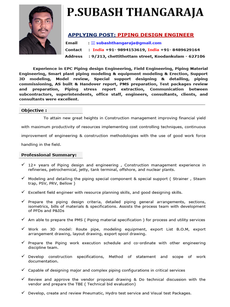 001 Subash - Piping Design Engineer | PDF