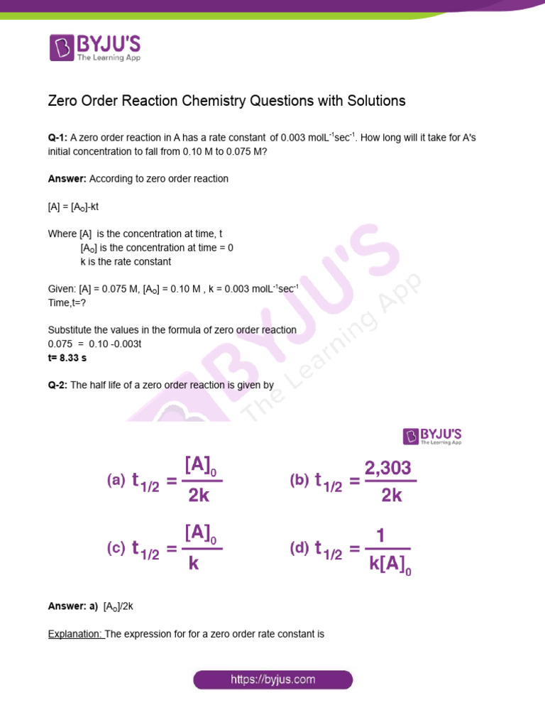 Zero Order Reaction Chemistry Questions Pdf Reaction Rate Chemical Reactions