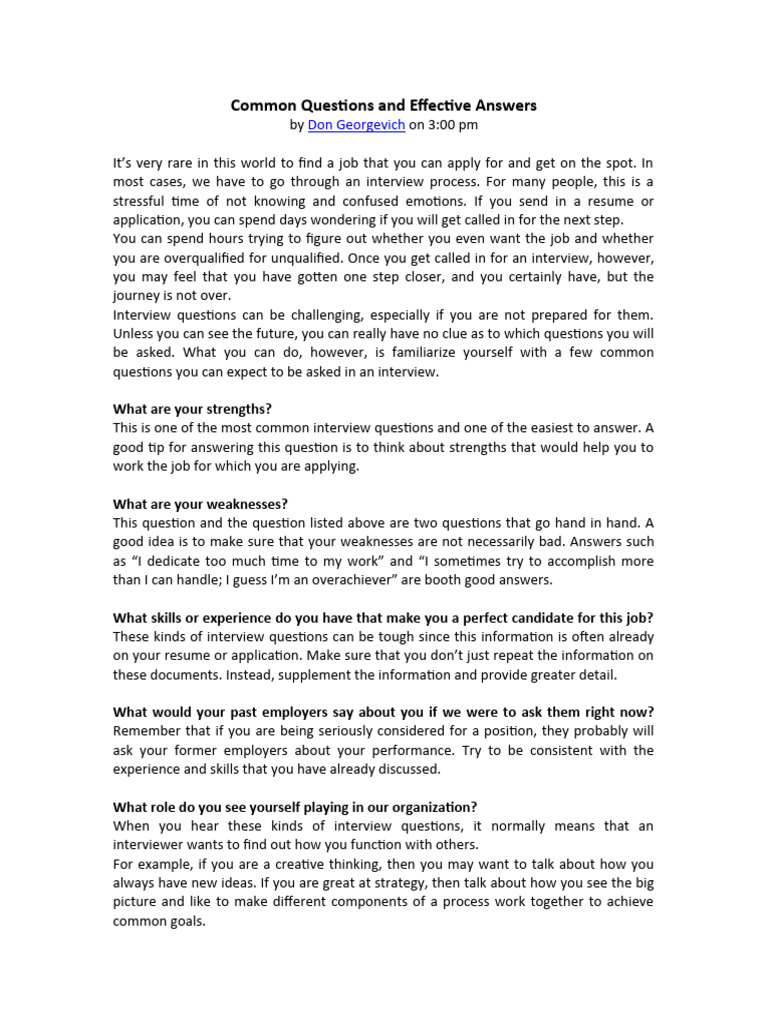 11 Common Questions and Effective Answers | PDF | Experience | Thought