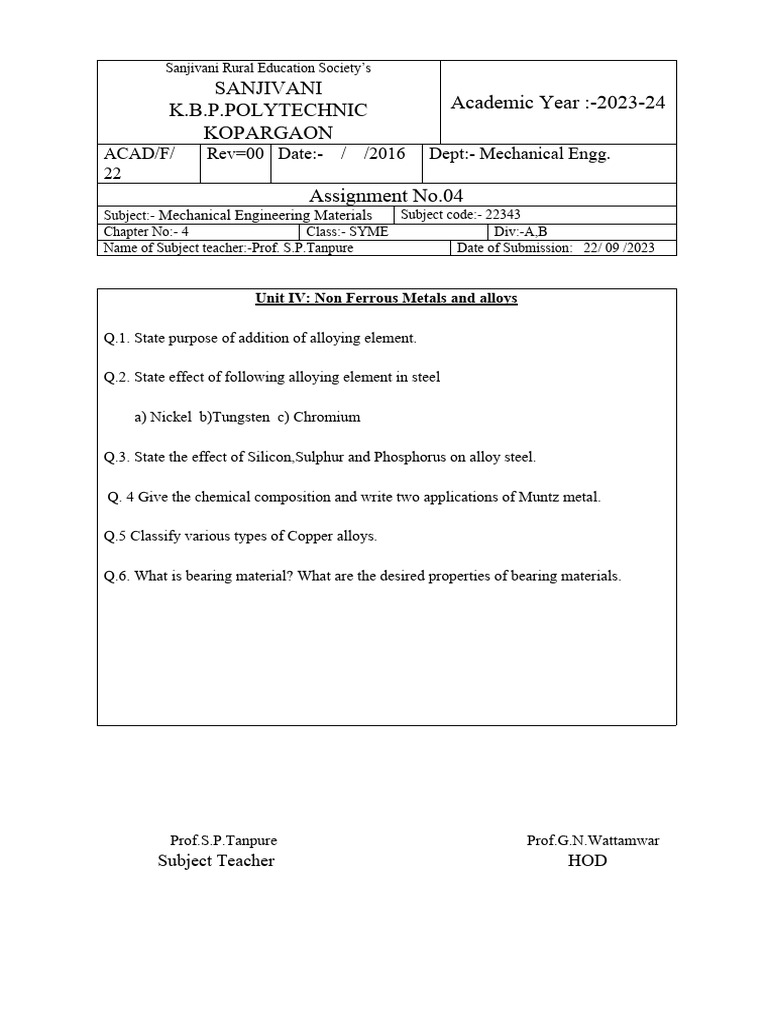 Non-Ferrous Metals & Alloys Assignment | PDF