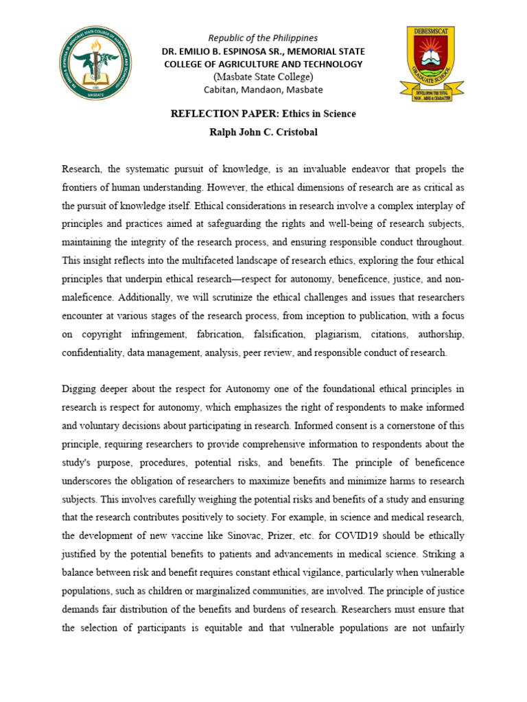 Ethics in Science-Reflection Paper (Educ 262) | Download Free PDF | Plagiarism | Medical Ethics