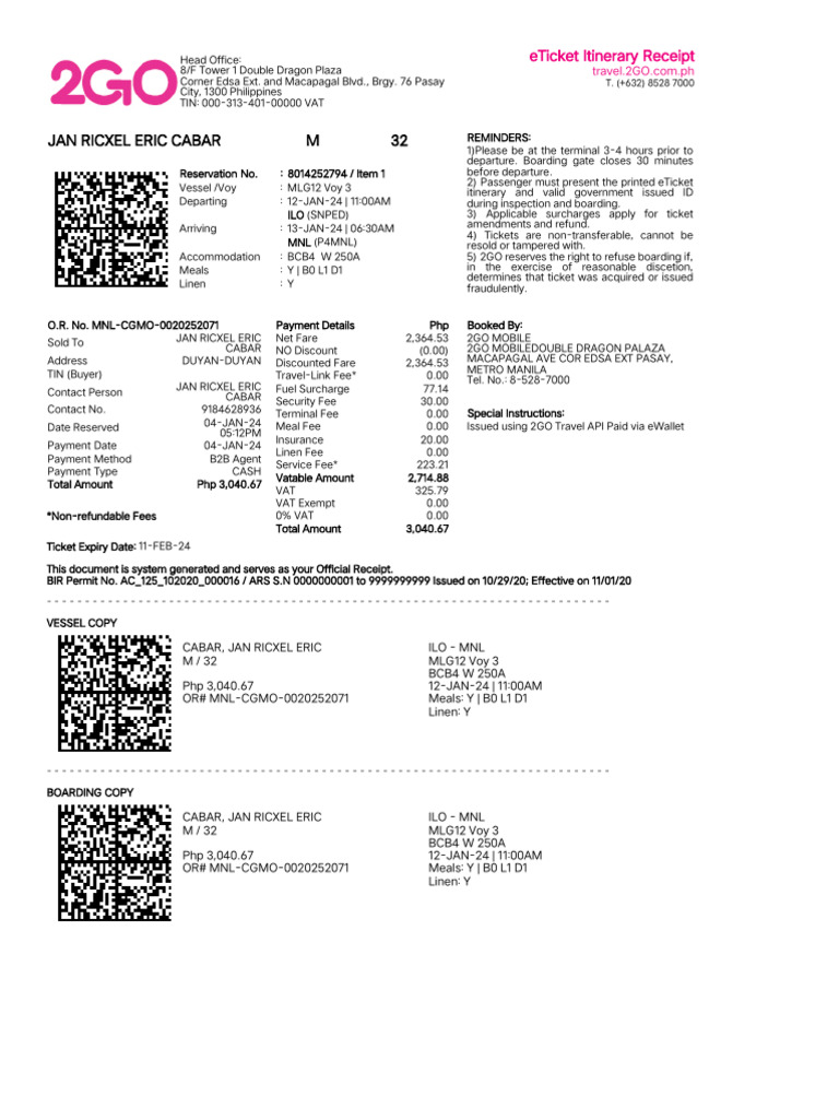 2GO Travel - Itinerary Receipt | PDF | Legal Liability | Fee