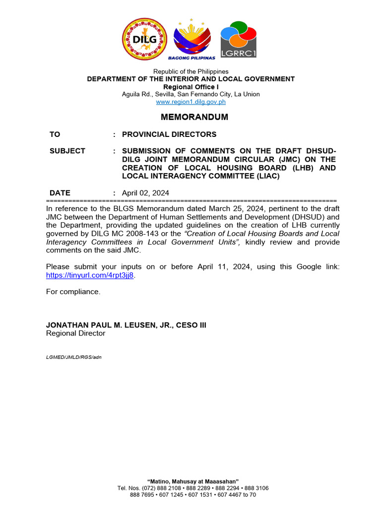 Memo Req For Cimments Re DHSUD DILG JMC | PDF