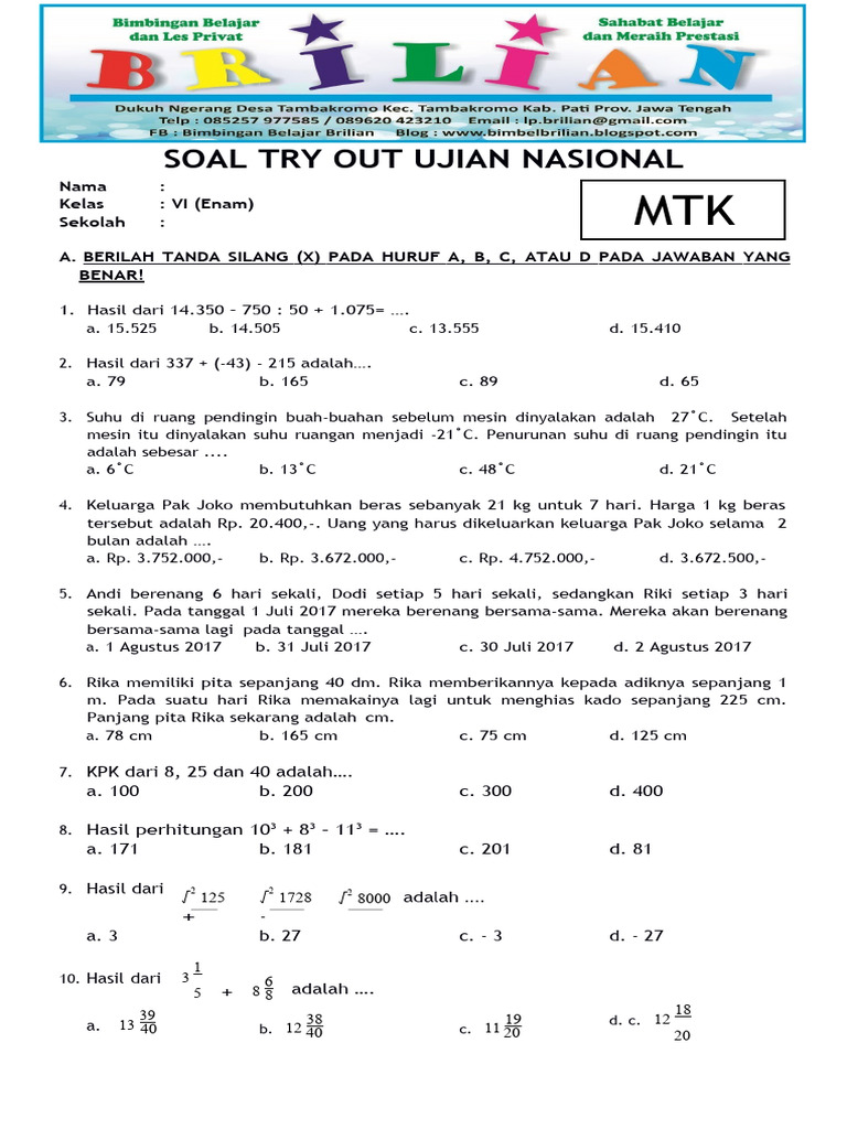 Soal Try Out Matematika SD Kelas 6 Dan Kunci Jawaban | PDF
