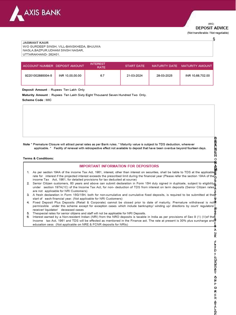 Jaswant Kaur FD Axis Bank | PDF | Economies | Personal Finance