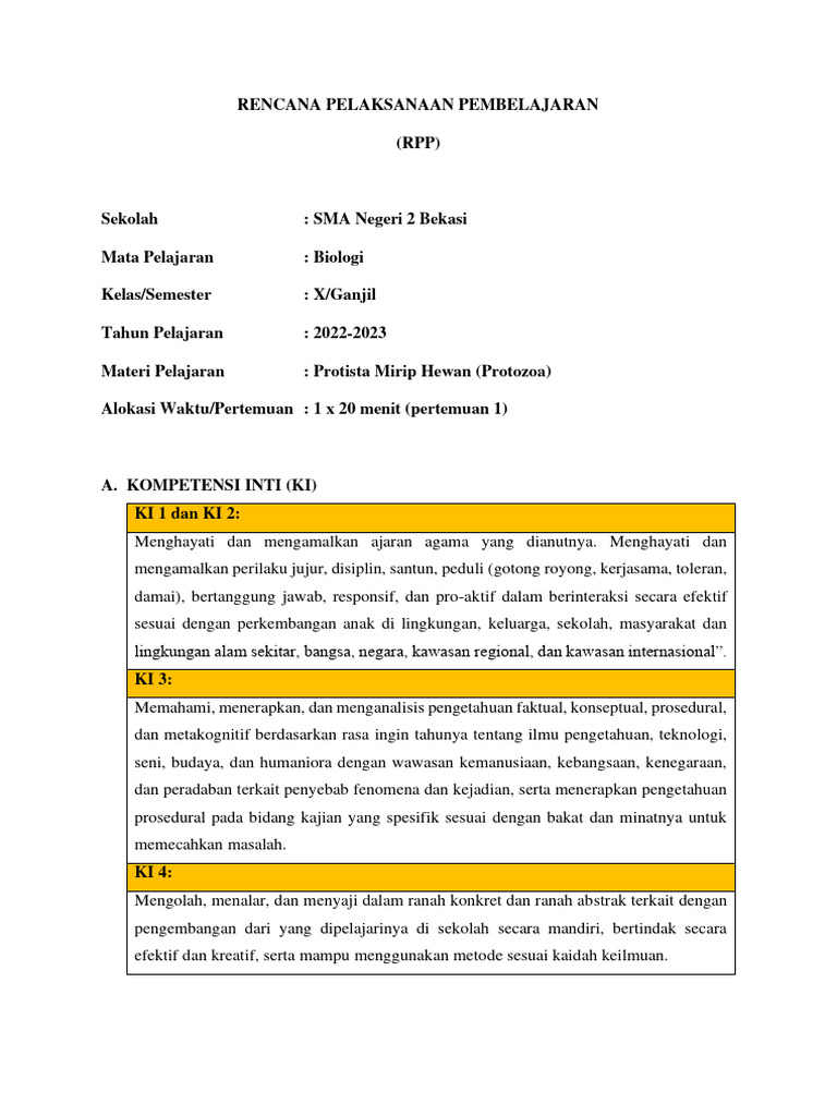 RPP PROTISTA MIRIP HEWAN_ZAHRA MUTIARA RAHMA_Full bismillah | PDF