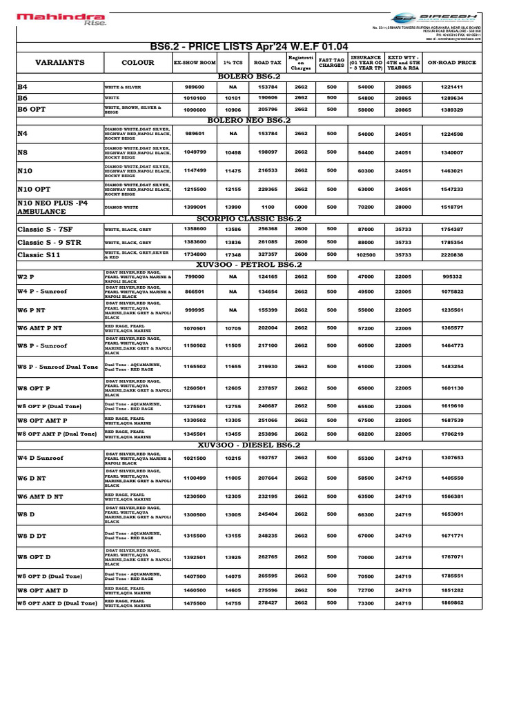 Mahindra Vehicle Price List 2024 | PDF | Cheque | Financial Services