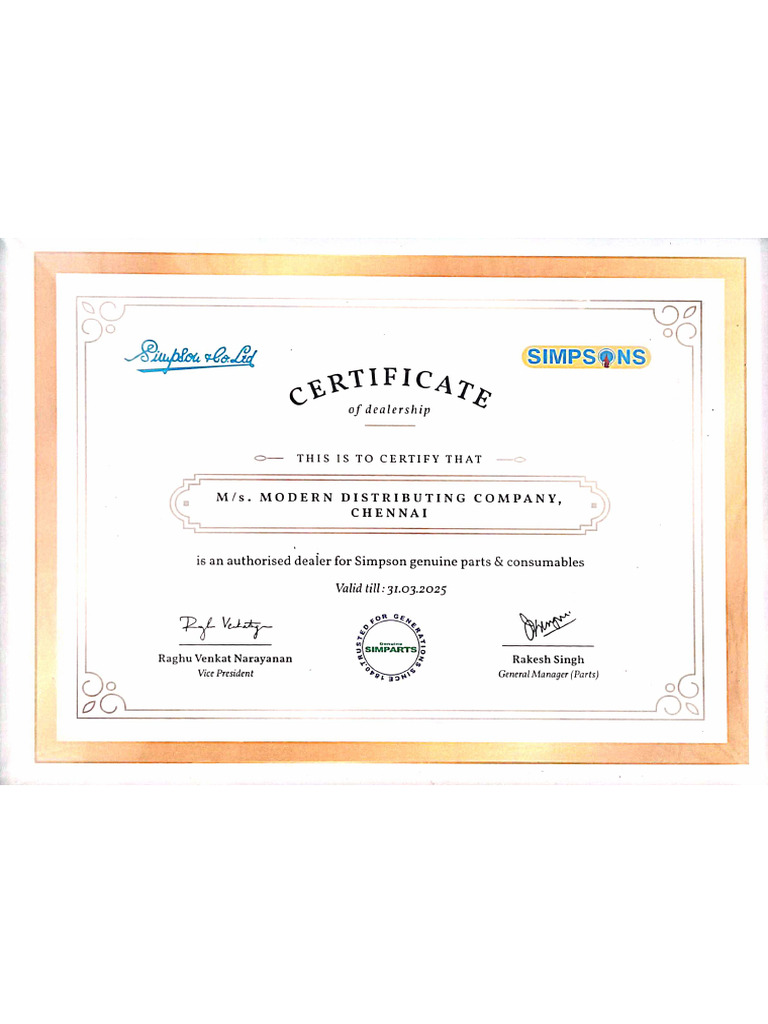 Simpson Dealership Certificate | PDF