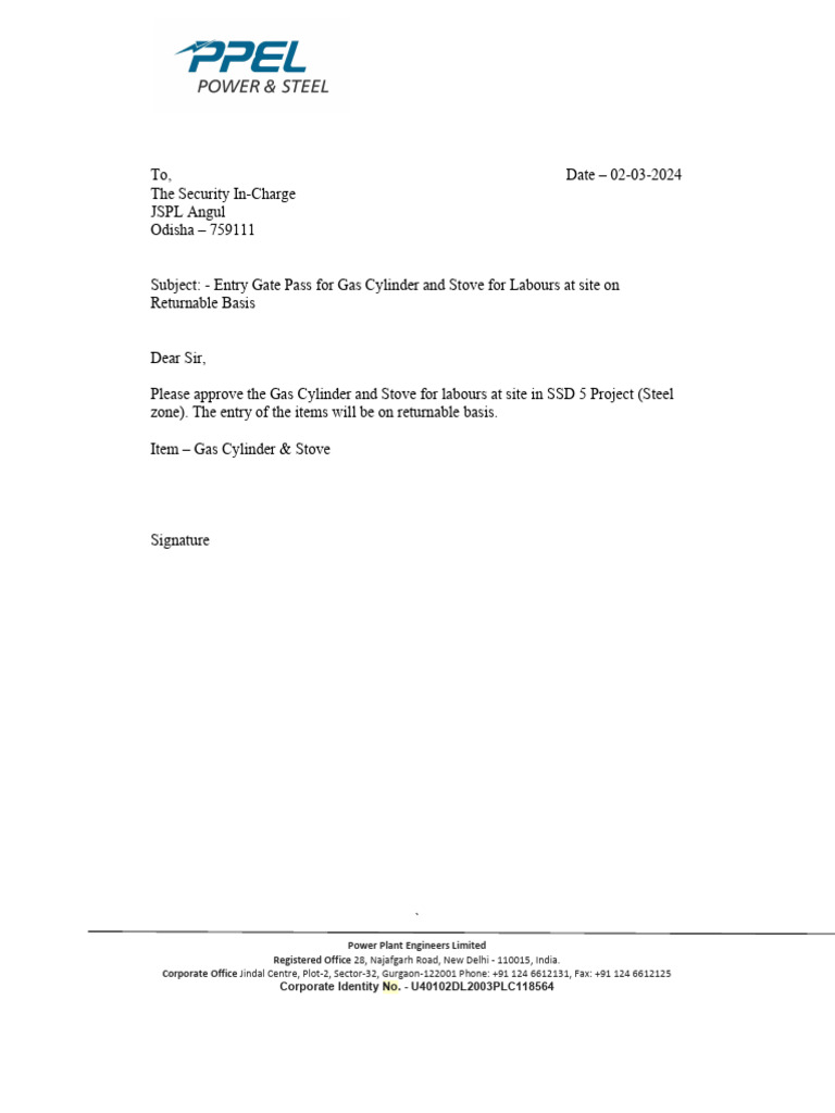 Entry Gate Pass For Gas Cylinder And Stove Pdf