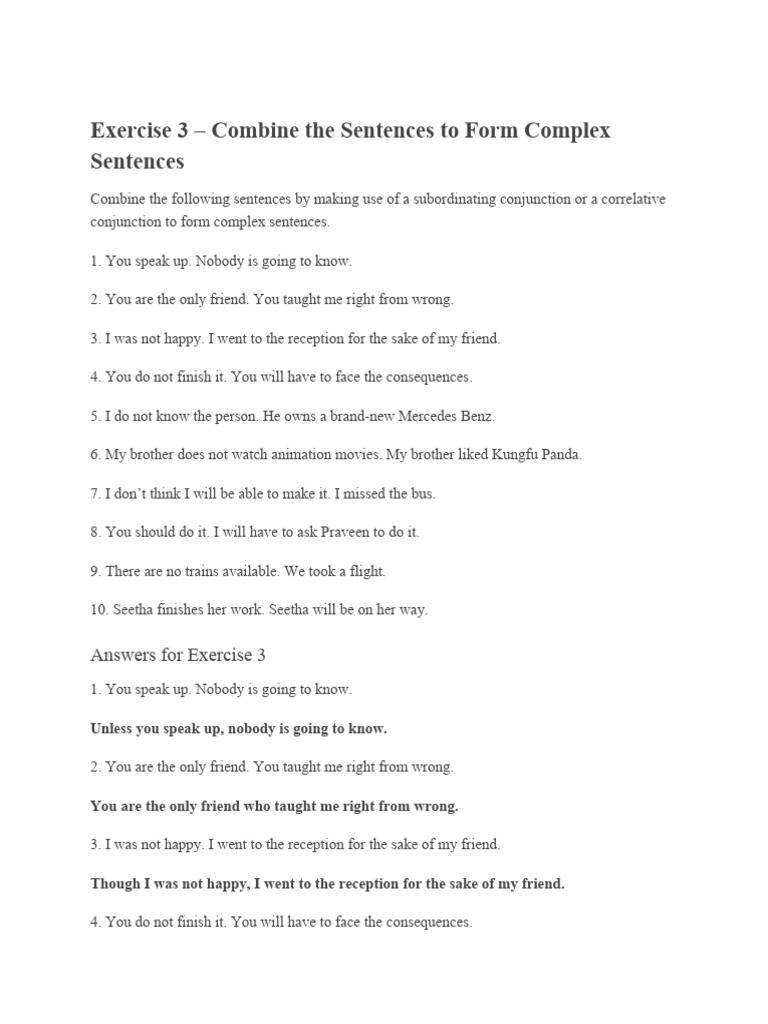 Combine The Sentences To Form Complex Sentences | PDF | Language Arts ...