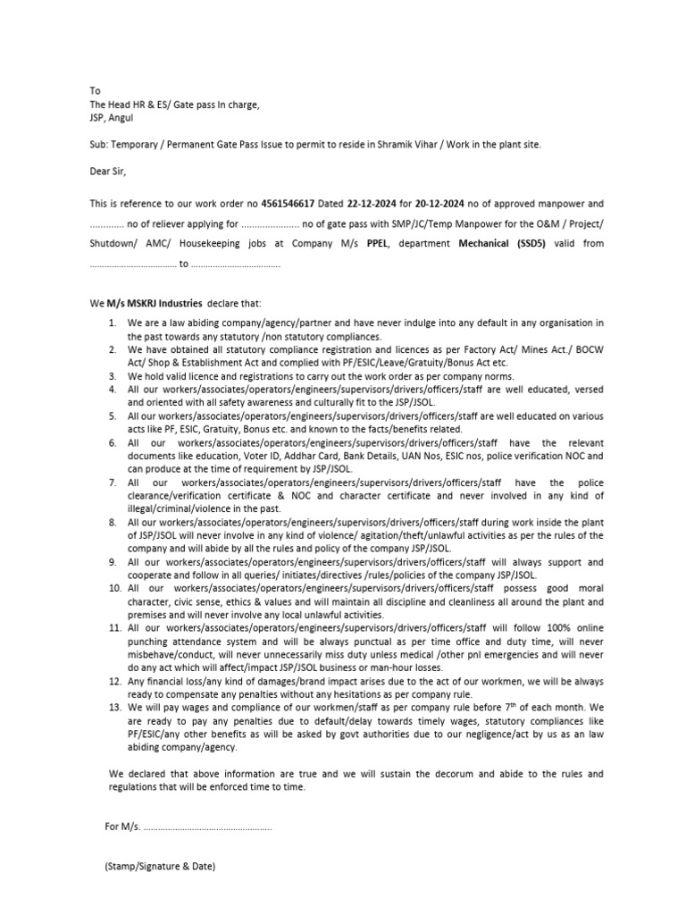 Gate Pass Request for Temporary Workers | PDF | Justice | Crime & Violence