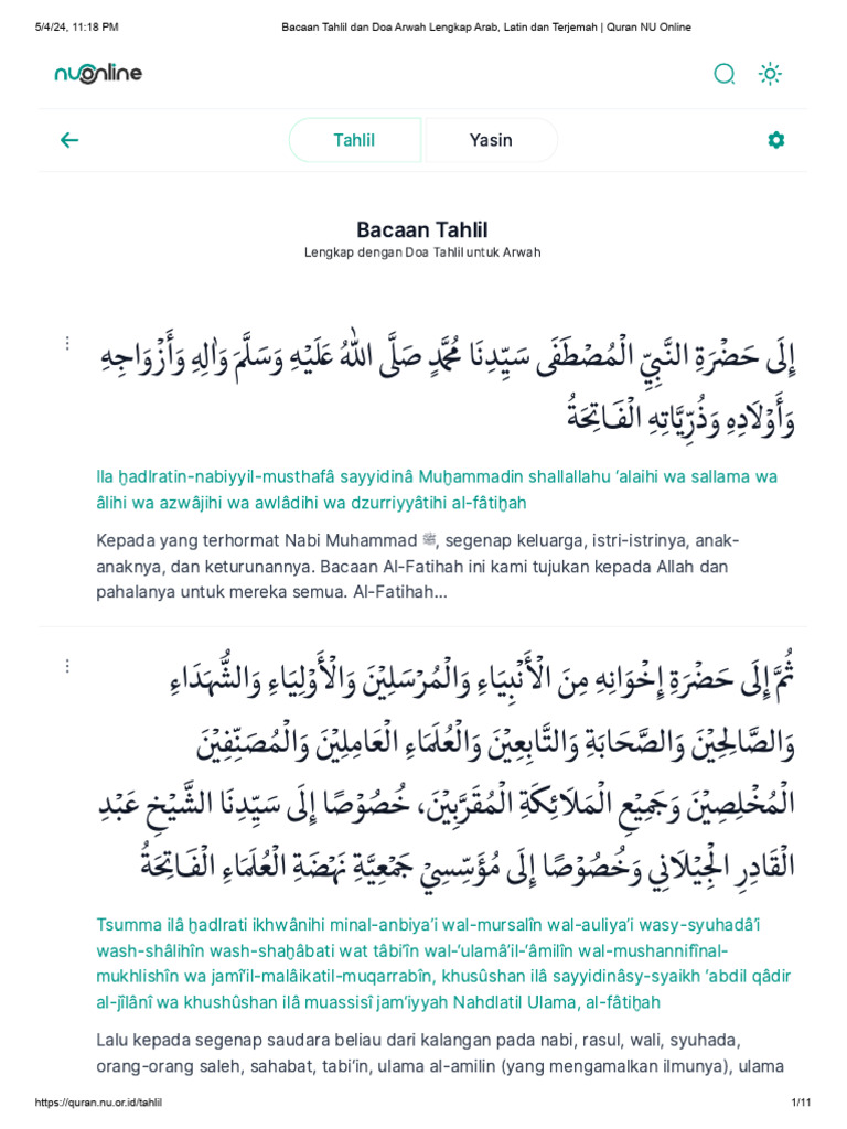 Bacaan Tahlil Dan Doa Arwah Lengkap Arab, Latin Dan Terjemah - Quran NU Online | PDF