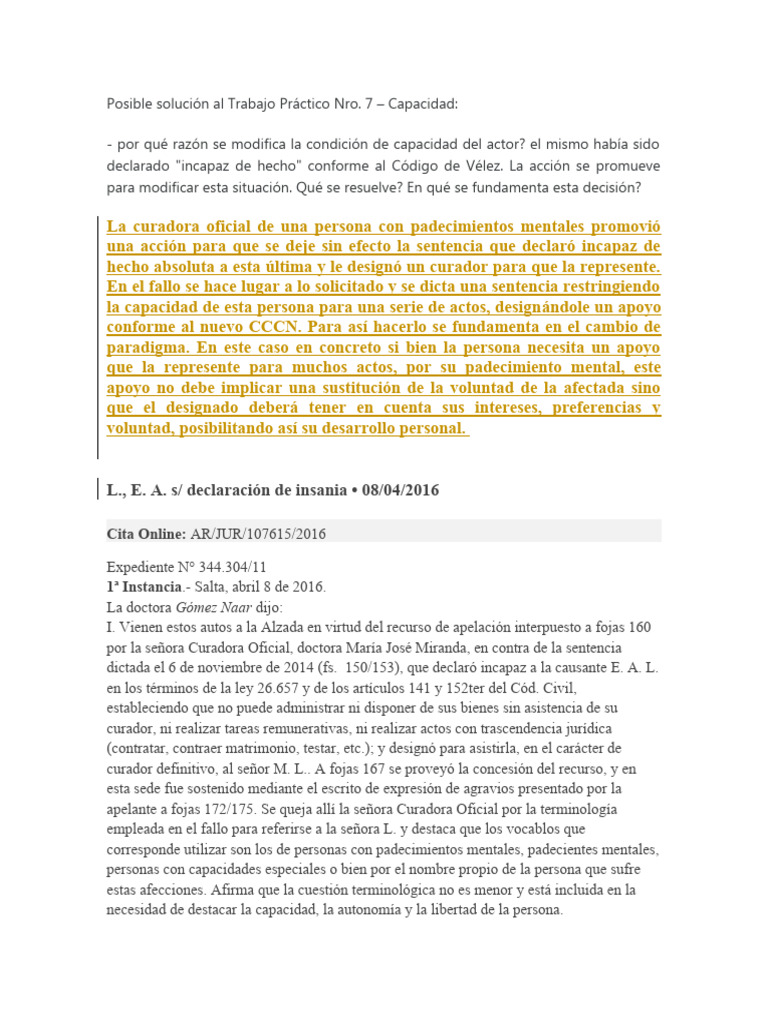 Solución TP Nro. 7 - Fallo Capacidad | PDF | Invalidez | Guardián legal