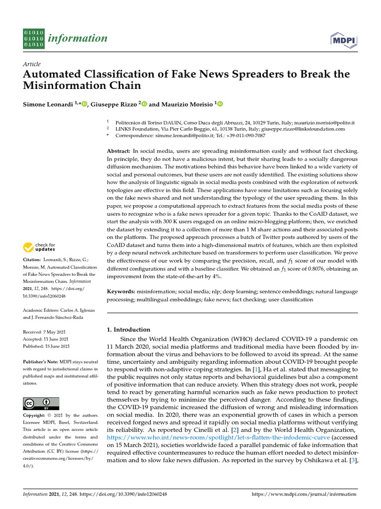 Automated Classification of Fake News Spreaders To Break The ...