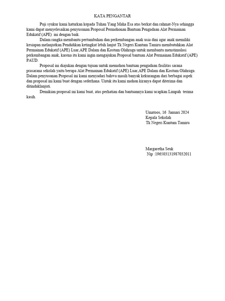 Proposal Ape TK Negeri Kuntum Tamiru Umatoos | PDF