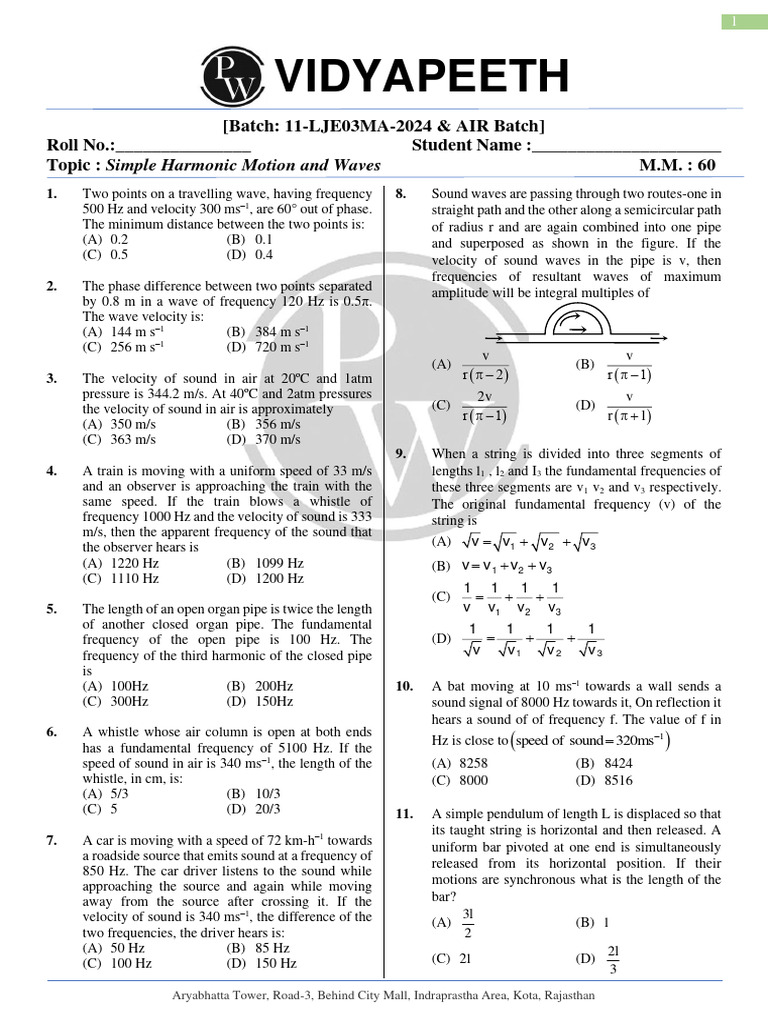 Quiz-1 SHM and Waves (11-Lje03ma-2024) Yug Sir Ss | PDF | Oscillation ...