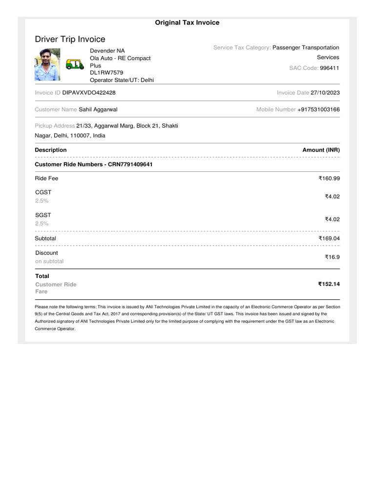 OlaCabs Invoice | Download Free PDF | Invoice | Transport