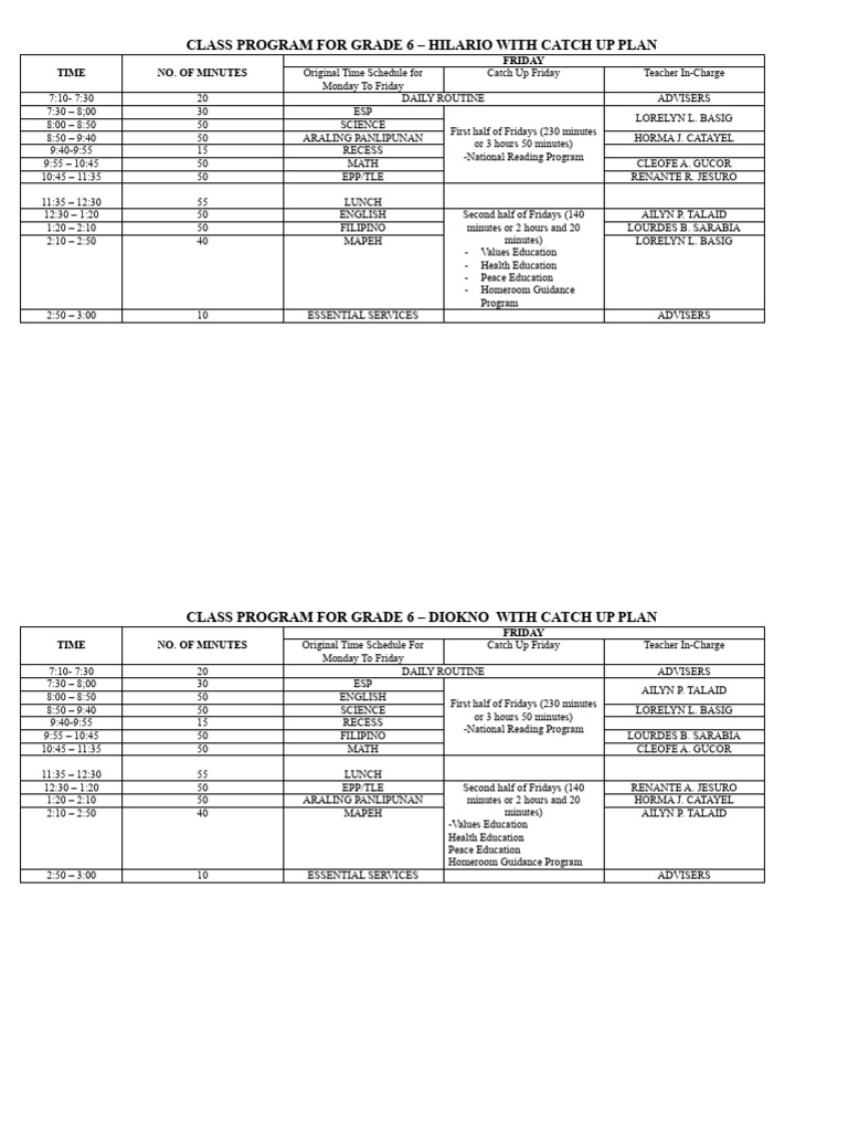 CLASS-PROGRAM-FOR-GRADE-6-WITH-CATCH-UP-PLAN | PDF | Schools | Educational Institutions