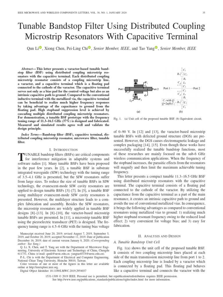 Tunable Bandstop Filter Using Distributed Coupling Microstrip Resonators With Capacitive ...