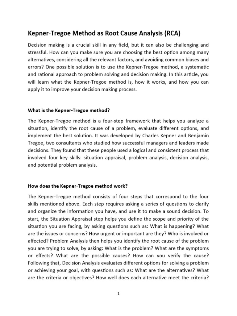 Kepner-Tregoe Method As Root Cause Analysis (RCA) | PDF