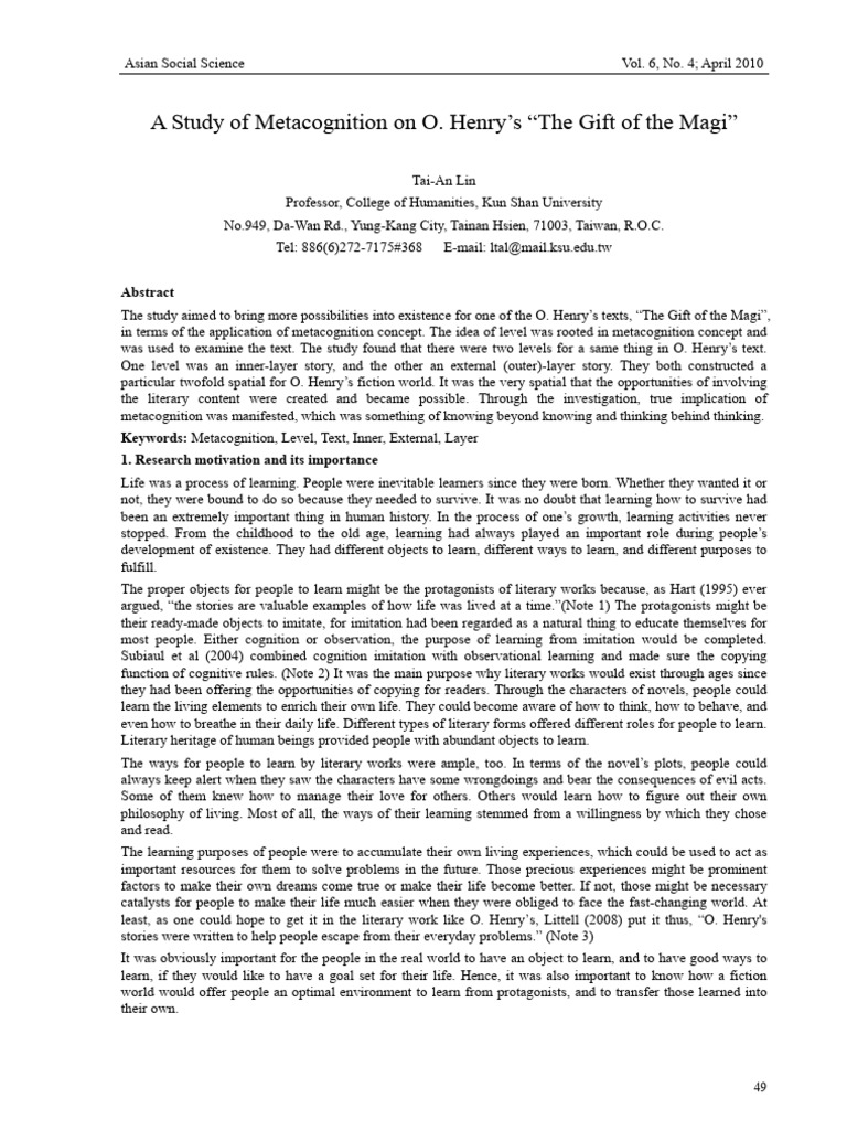 A Study of Metacognition On O. Henry's "The Gift of The Magi" | PDF | Metacognition | Mental ...